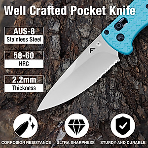 FLISSA 4.5" Folding Pocket Knife, Lightweight EDC Pocket Knife with Axis Lock, 3.2" AUS-8 Steel Blade, Sharp Camping Hiking Knife with Pocket Clip, Unique Tool Gift for Men, Dad (Blue)