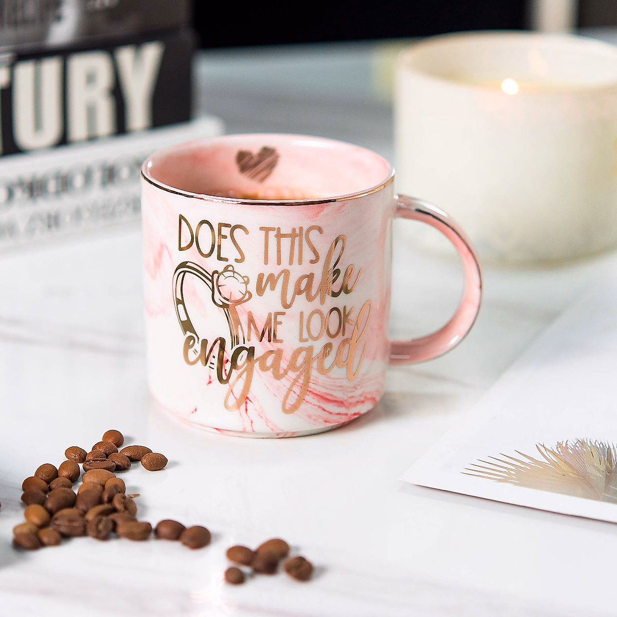 Engagement Gifts for Women - Funny Coffee Mug - Bride To Be Engaged Fiance Novelty Coffee Mugs Gift for Her - Does This Ring Make Me Look Engaged - 11.5oz Pink Marble Ceramic Cup