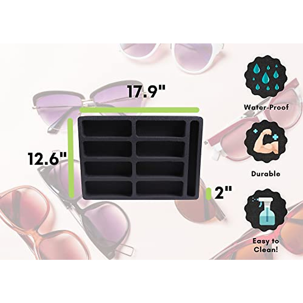 Polar Whale Sunglasses Drawer Organizer Tray Insert for Home Bedroom Bathroom Vanity Dresser Counter Table Waterproof Washable Black Foam 8 Compartment 12.6 x 17.9 Inches