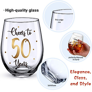 50th Birthday Stemless Wine Glass, Gold Cheers to 50 Years Birthday Wine Glass Present for Men Women 50th Birthday Party Wedding Anniversary Party Decorations, 17 oz Stemless
