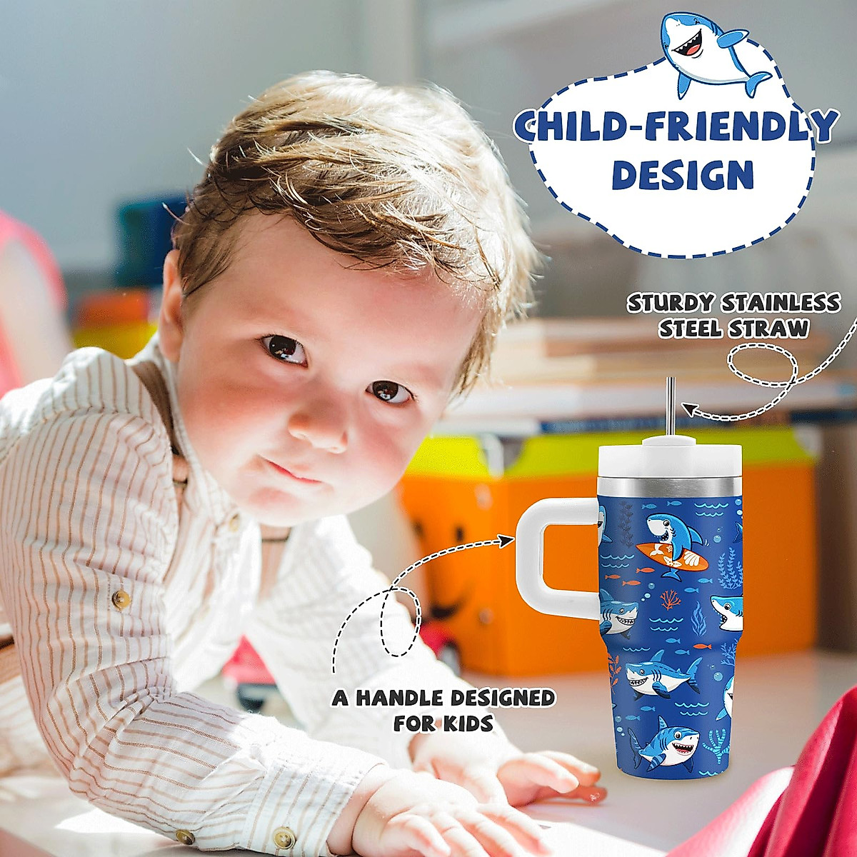 Shark Gifts for Boys, Shark Tumbler with Handle and Straw for Kids 14 oz, Gifts for Shark Lovers Kids, Cute Shark Themed Gifts for Toddlers, Insulated Stainless Steel Shark Mugs for Boys Girls