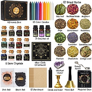 [Upgraded] Witchcraft Supplies Witch Stuff Spell Kit, 61 PCS Wiccan Supplies and Tools, Include Dried Herb Crystal Candle Amethyst Black Salt, Witch Gift Wiccan Starter Kit Altar Supplies Pagan Decor