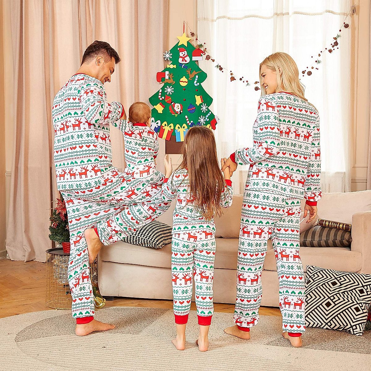 PopReal Christmas Pajamas for Family, Matching Family Christmas PJs Sets Blue Elk Tree Printed Top Sleepwear