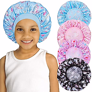 4 PCS Kids Satin Bonnet Child Sleeping Cap,Soft Silk Bonnet Elastic Wide Band,Breathable Baby Bonnets Night Sleep Caps,Colorful Night Hats Satin Cap for Girls Toddler Teens Natural Hair (Unicorn)