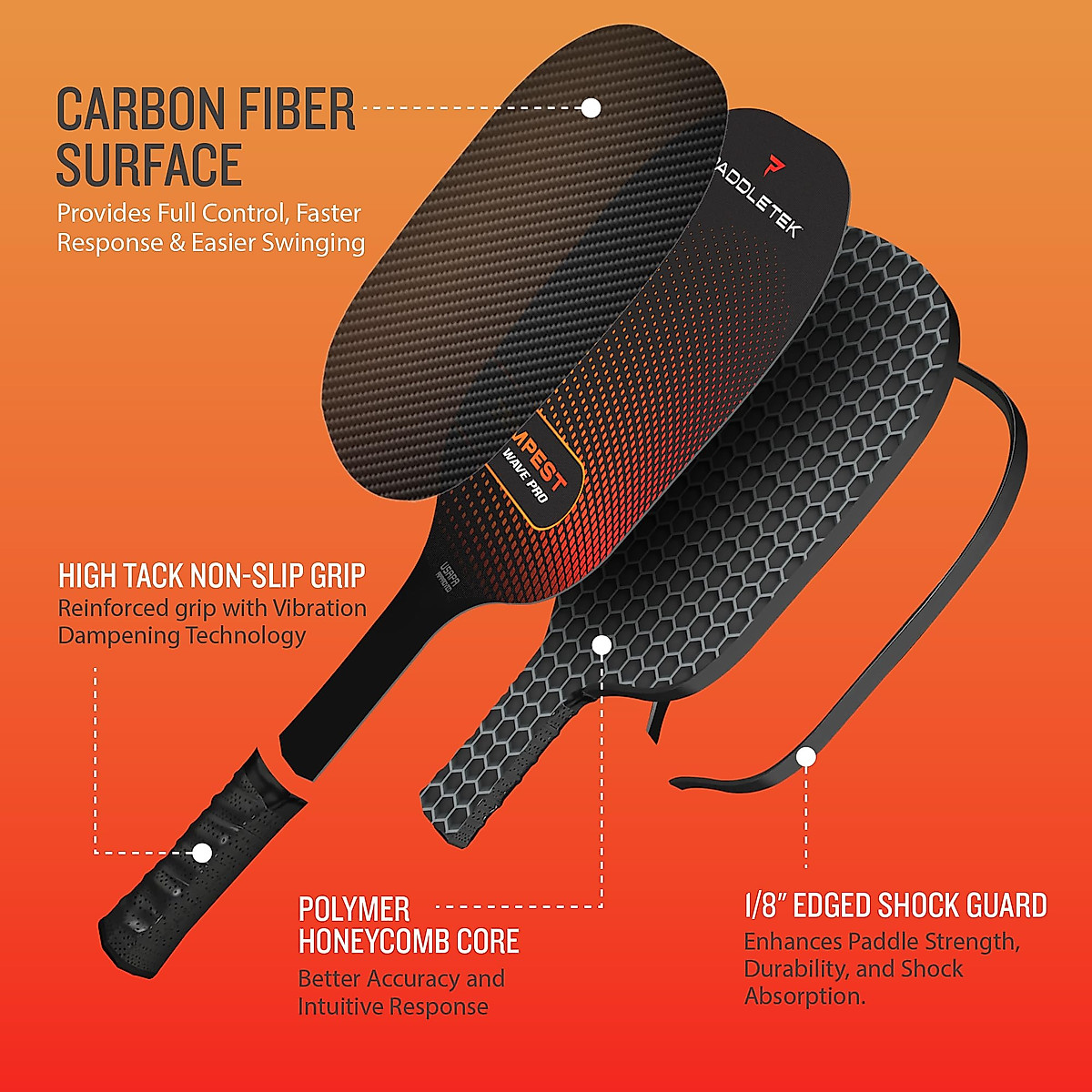 Paddletek Tempest Wave Pro Pickleball Paddle | Professional Pickleball Paddles with Carbon Fiber Surface, Tempest SRT Honeycomb Core & High Tack Performance Grip | USAPA Approved