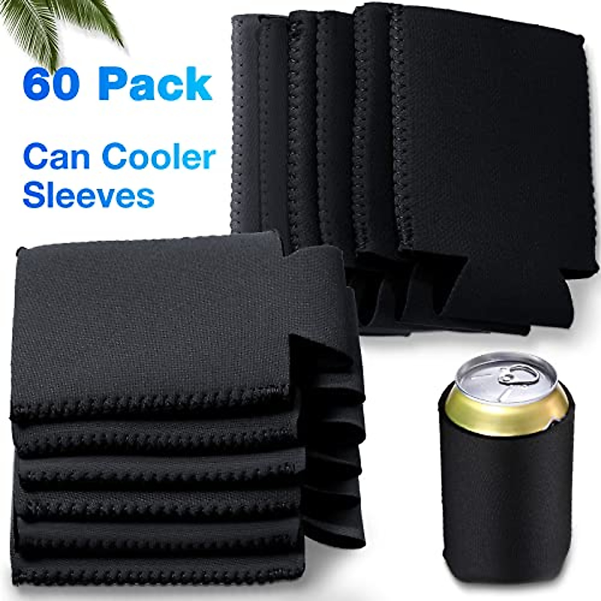 60 Packs Blank Can Cooler Sleeves Soda Can Covers Neoprene Can Sleeve Drink Insulator Sleeve Collapsible Can Coolers for Parties, Events or Weddings (Black)
