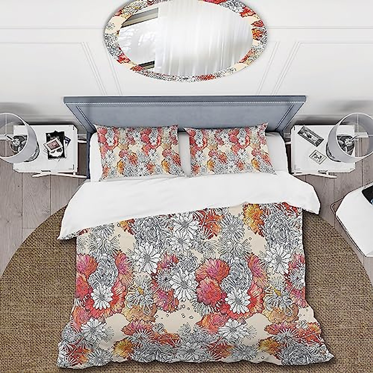 DESIGN ART Designart 'Abstract Red Flowers Under Black & White Flowers' Traditional Duvet Cover Set King