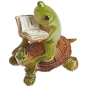Top Collection Miniature Fairy Garden & Terrarium Frog Reading Book on Turtle Statue, Small, Green, Orange