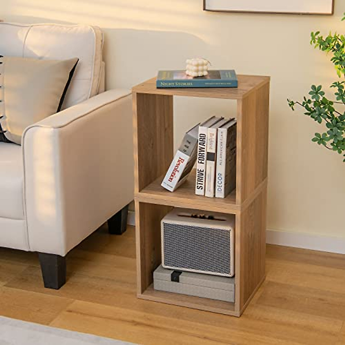 Giantex 2 Cube Bookshelf Organizer, 2-Tier 15'' Tall Open Shelving with Anti-toppling Device, Cube Storage Organizer, Record Player Stand, Wood Bookshelf for Living Room, Bedroom, Kids Room