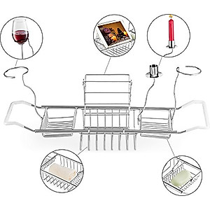 Bathtub Tray Caddy Stainless Steel - Bath Tub Caddy Rack & Organizer with Stand for Book, iPad or Phone - Candle Holder - 2 Wine Holders