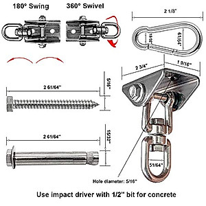 Hammock Hanger Chain Carabiners Kit - Heavy Duty Porch Swing Hanging Hooks 1000lbs Capacity 360° Swivel for Egg Chair, Yoga, Punching Bags, Gym（2 Sets）