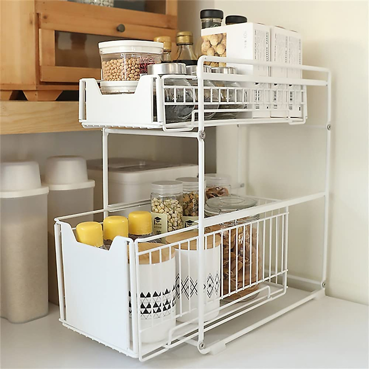 CBYJK Stackable 2-Tie Under Sink Cabinets Organizer With Sliding Storage Drawer, Under Sink Organizer, Pull Out Cabinets Organizer Shelf, Sliding Basket Organizer Drawer For Kitchen, Bathroom, Office