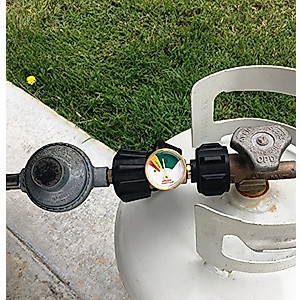 Premium Gauge Master Propane Tank Gauge Gas Meter - Cylinder Gas Level Indicator Adapter - Suitable for All BBQ Grill, RV Camper & Appliances - Type 1 Connection - Includes Cover Cap & Leak Detector