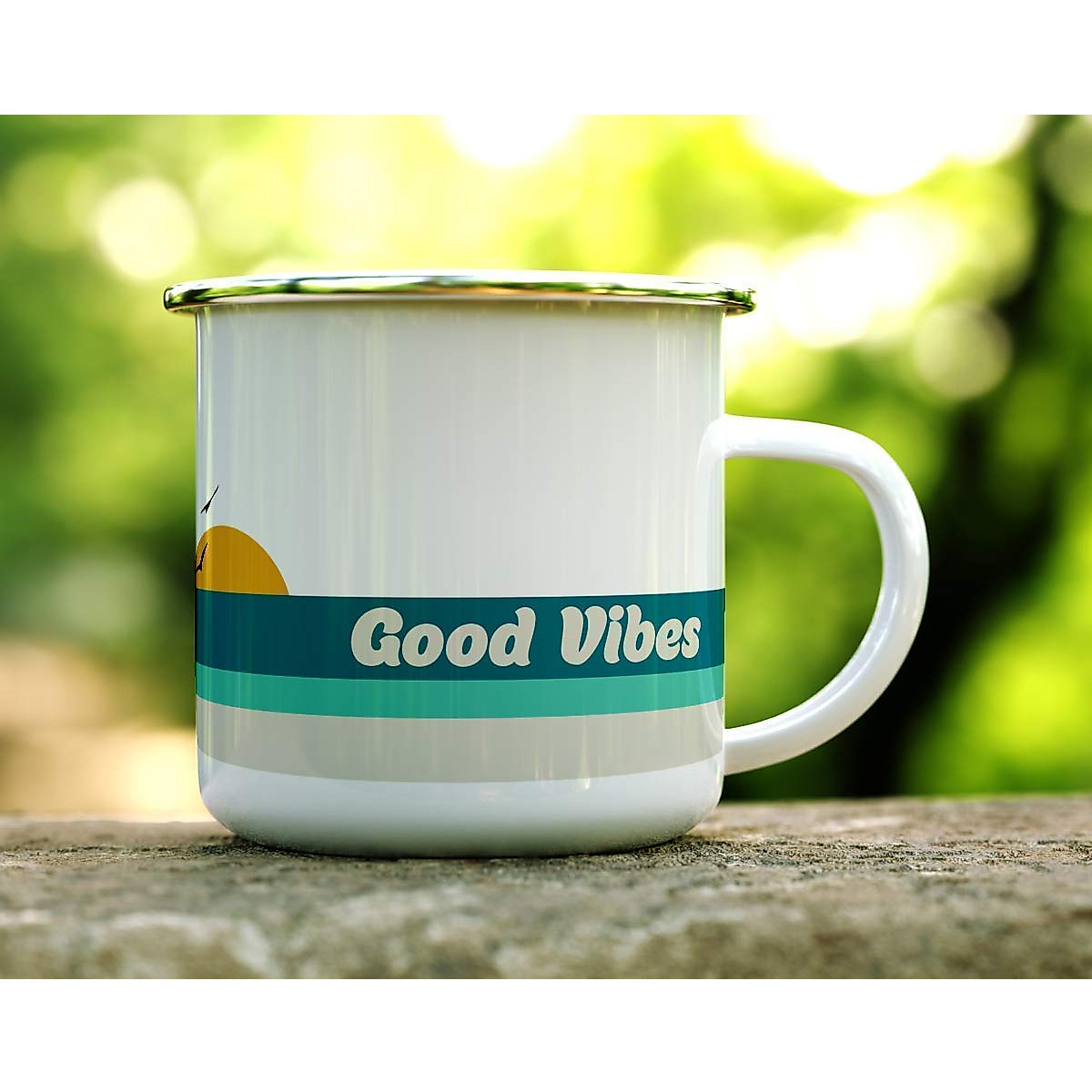 Good Vibes Retro Camper Enamel Mug, Camping Coffee Mug, Beach Surf Lover Gift, Camp Outdoor Mug (12oz)