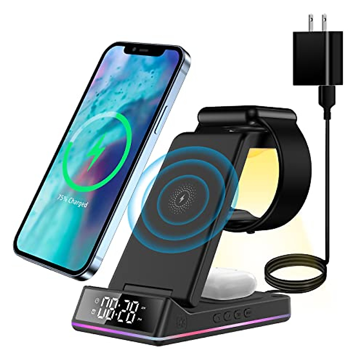 Wireless Charger with Clock/Alarm for Apple Charging Station, 3 in 1 Qi Fast Phone Multiple Devices Charger for Apple Watch 7/6/5/4/3/2/SE & AirPods 3/2/Pro & iPhone 14/13/12/11(Only for Apple Watch)