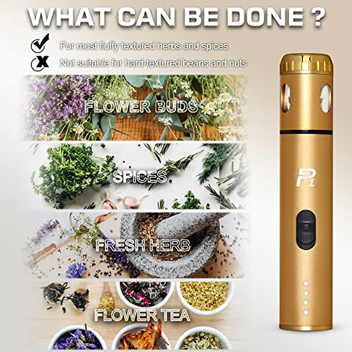 ZHENGHAI P1 Electric Herb and Spice Grinder, USB Rechargeable Fast Grinding With Portable Storage Bag, Cleaning Brush (Gold)