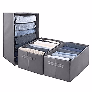 3 Pcs Wardrobe Clothes Organizer, Drawer Clothes Organizers for Pants, Jeans, T-shirt, Scarves, Dress, Stackable Storage Closet Container with Handles, Grey (2Pcs 6 Grids & 1Pc 9 Grids)