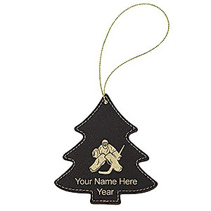 LaserGram Faux Leather Christmas Ornament, Hockey Goalie, Personalized Engraving Included (Black with Gold, Tree)