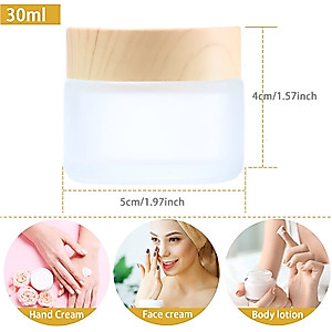 4 Pack 1oz Frosted Glass Cosmetic Cream Jar Bottle Refillable Glass Face Cream Pot Cosmetics Container With Plastic Wood grain lids and Inner Liners For Face Cream Eye Cream Lip Balm Ointments Salves