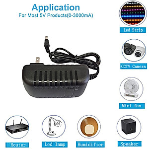 AC to DC Adapter 5V 3A Power Supply with 5, 5mm x 2, 1mm Plug Connector for Strip Light, Wireless Router, Security System , Switches, CCTV Cameras, Black, 8CM*5CM*3.3CM