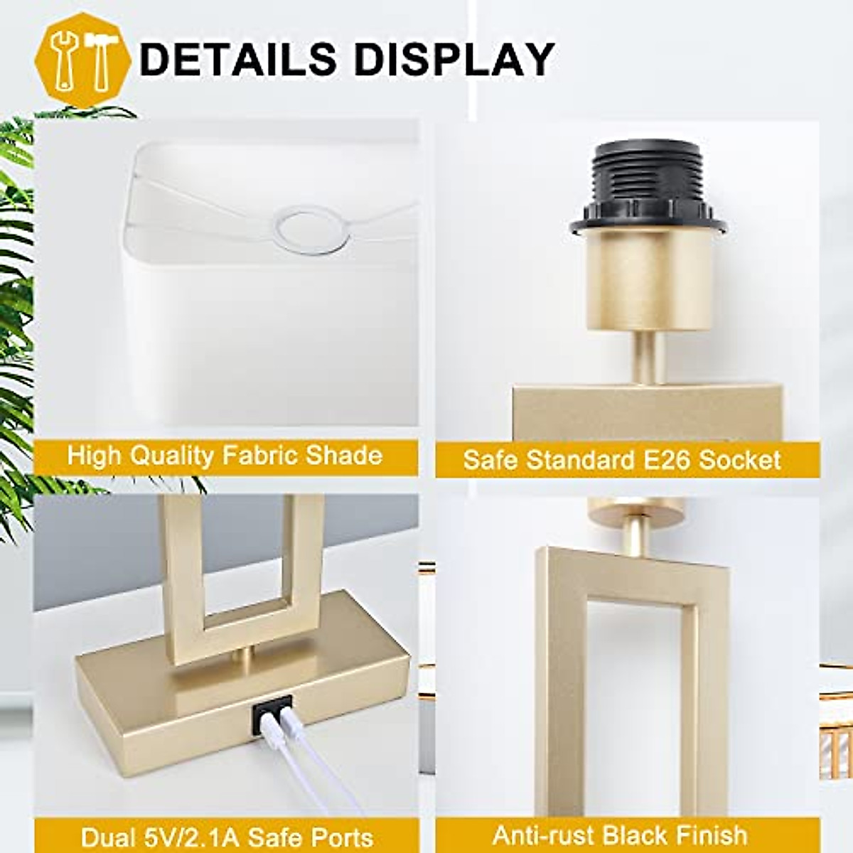 Set of 2 Table Lamps with Dual USB Ports,Touch Control for Bedside and Nightstand in Bedroom, 3-Way Dimmable Modern for Desk, Living Room, Office, LED Bulbs Included, Gold&White