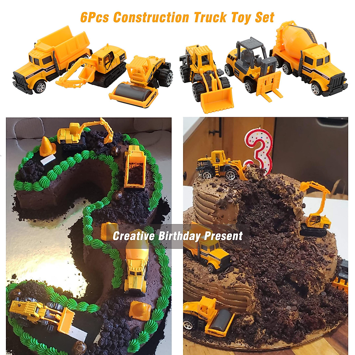 BenRich 6 Pcs Mini Die Cast Car Set 1/64 Scale Alloy Construction Trucks - Dump Truck, Excavator, Forklift, Road Roller, Bulldozer, Mixer Truck - Toy Cars for Kids Boys Girls Birthday Xmas Present