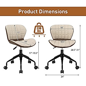 Giantex Home Office Desk Chair, 360° Swivel Height Adjustable Office Chair w/PU Leather, Modern Office Chair, Ergonomic Curved Wood Desk Chairs, Leather Armless Task Chair for Office, Beige & Brown