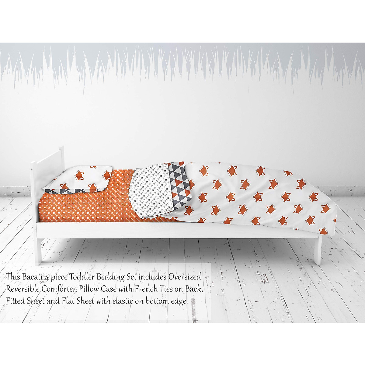 Bacati Playful Foxs 4 Piece Neutral Toddler Bedding Set, Orange/Grey 100 Percent Cotton Includes Reversible Comforter, Fitted Sheet, Top Sheet, and Pillow Case for Boys/Girls