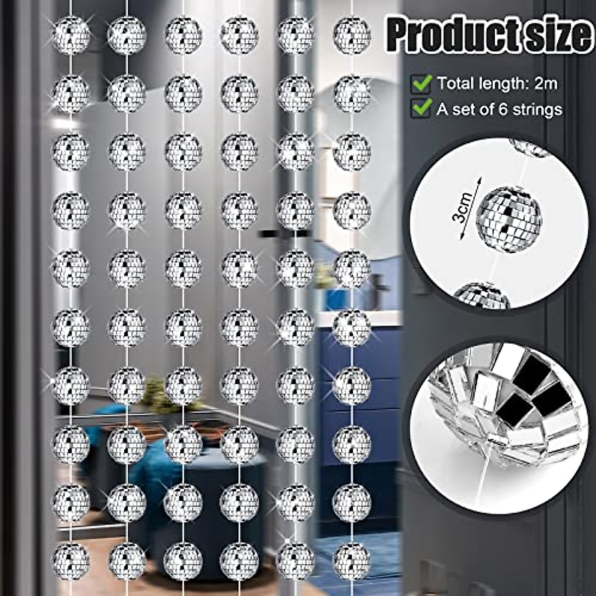 12 Meters Disco Ball Beaded Curtain Christmas Tree Ornaments Decorations Reflective Mini Disco Ball Ornaments Hanging Disco Ball for Window Door Curtain Passage Wedding Backdrop