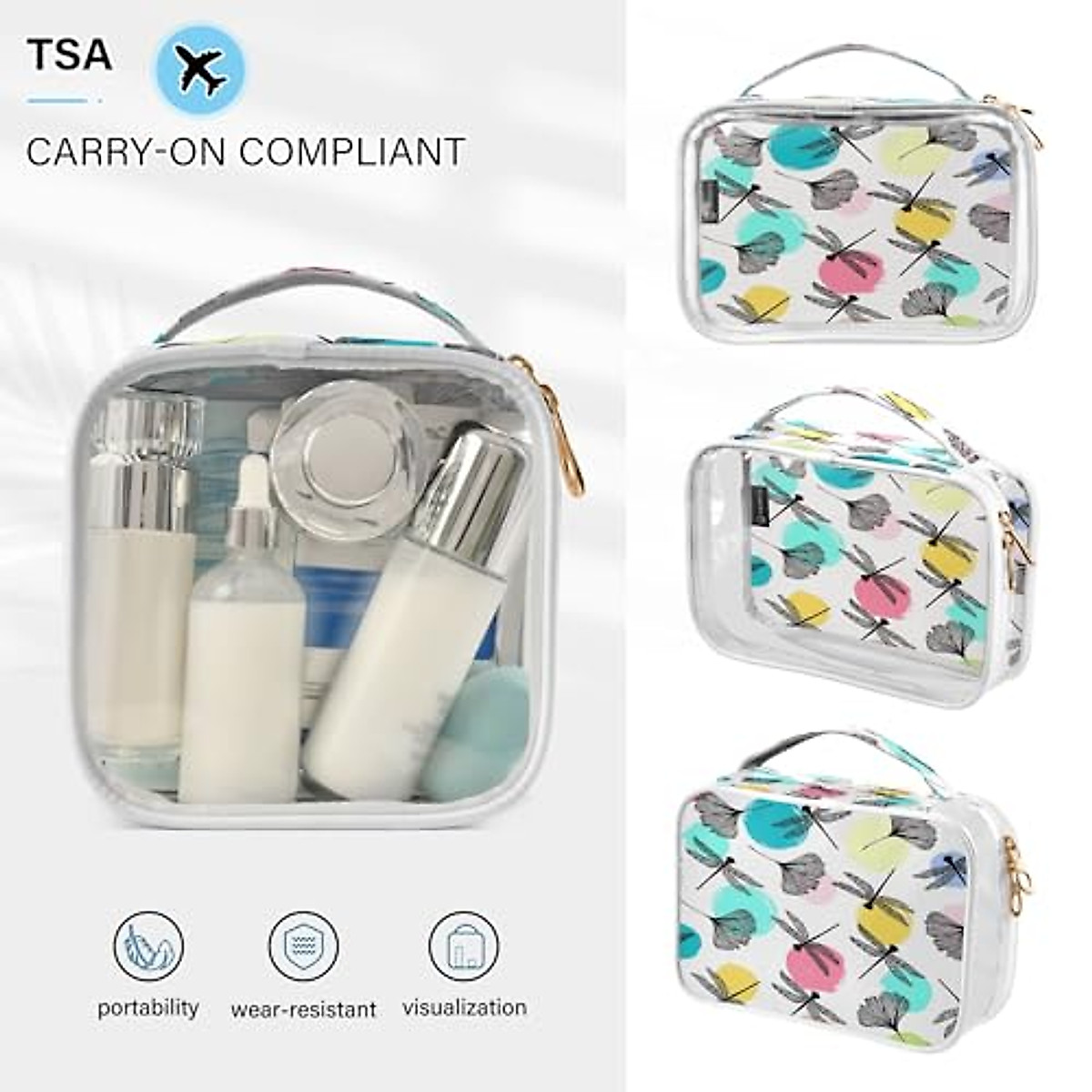 senya Clear Toiletry Bag,Travel Makeup Cosmetic Bag Carry on Airport Airline Compliant Bag Colorful Dragonfly for Women Men