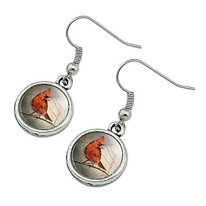 Cardinal Red Bird on Tree Branch Novelty Dangling Drop Charm Earrings