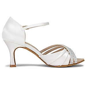 JIAJIA 20524 Women's Satin Sandals 2.7" Flared Heel Latin Salsa Performance Dance Shoes Ivory,Size 6.5 B(M) US/37 EU