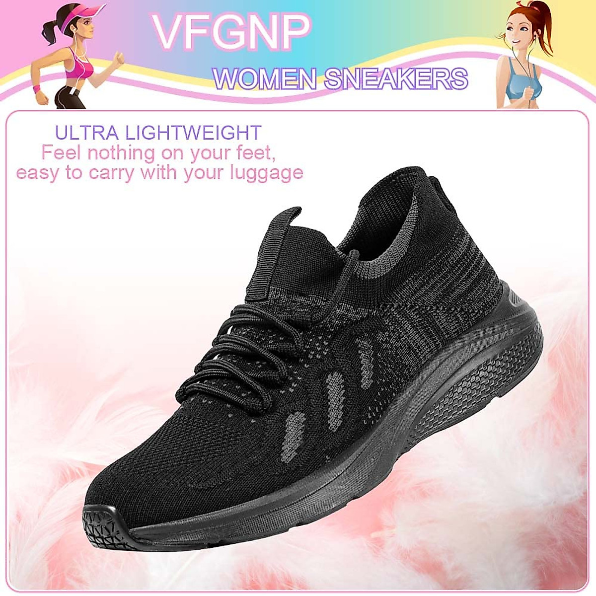 VFGNP Running Shoes Womens, Sneakers for Women, Slip On Walking Tennis Shoe Black 8