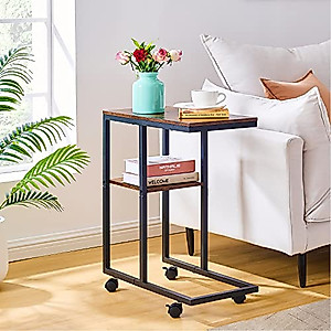 Hoctieon C Shaped End Table, Slim Side Table, Small End Table with Wheels, Snack Side Table with Storage, Sofa Table, for Living Room, Sofa, Couch, Bedroom, Vintage, Rustic Brown