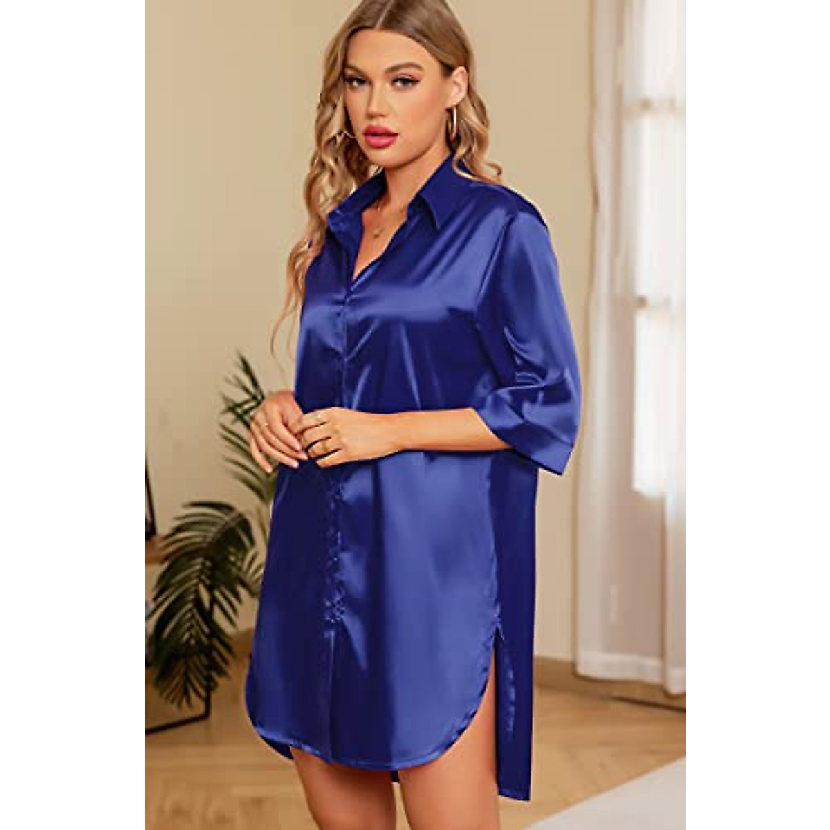 Samring Silk Satin Nightgowns For Women Button Down Pajamas Dress 3/4 Sleeve Sleepwear Navy Blue L