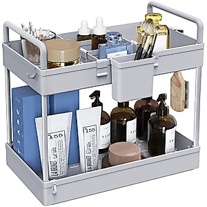 SOLEJAZZ Under Sink Organizer, Under Sink Organizers and Storage Multi-Purpose Under Cabinet Storage, 2 Tier Under Bathroom Cabinet Storage with Dividers, Hooks, Cup for Bathroom, Kitchen, Gray