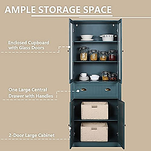 VEIKOU Kitchen Pantry Cabinets, 72" Freestanding Kitchen Pantry Storage Cabinet with Large Drawer, Traditional Tall Pantry Cabinet Cupboard with Glass Doors & Adjustable Shelves, Dark Teal