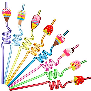 24 Pieces Reusable Ice Cream Straws Plastic Ice Cream Drinking Straws Cute Crazy Straws Ice Cream Party Favors for Kids Birthday Party 8 Styles, 8 Colors