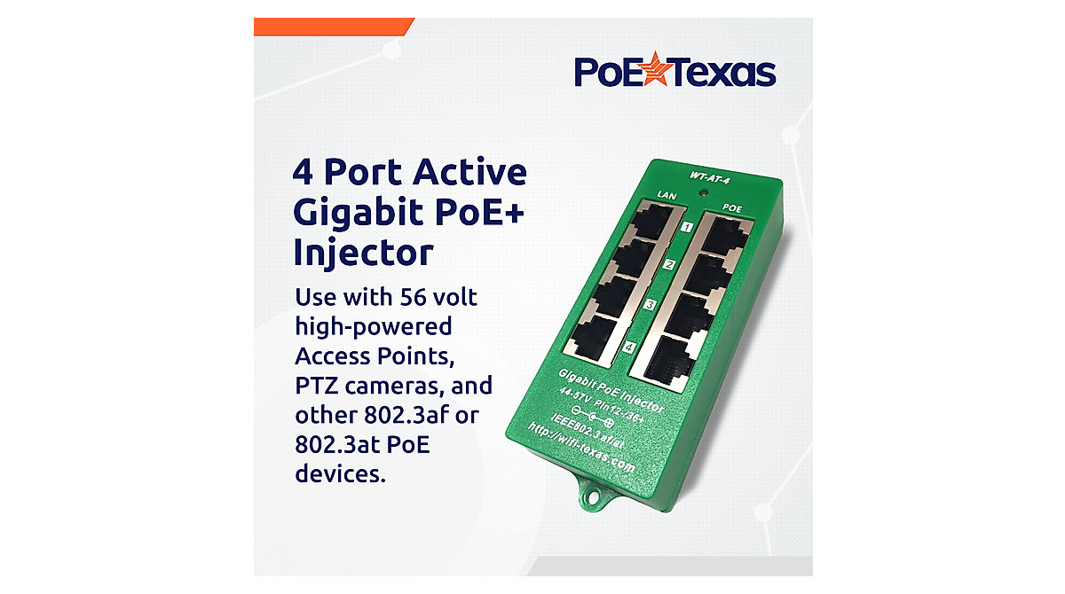 PoE Texas 4-Port Gigabit PoE/PoE+ Injector - Power Over Ethernet 120W