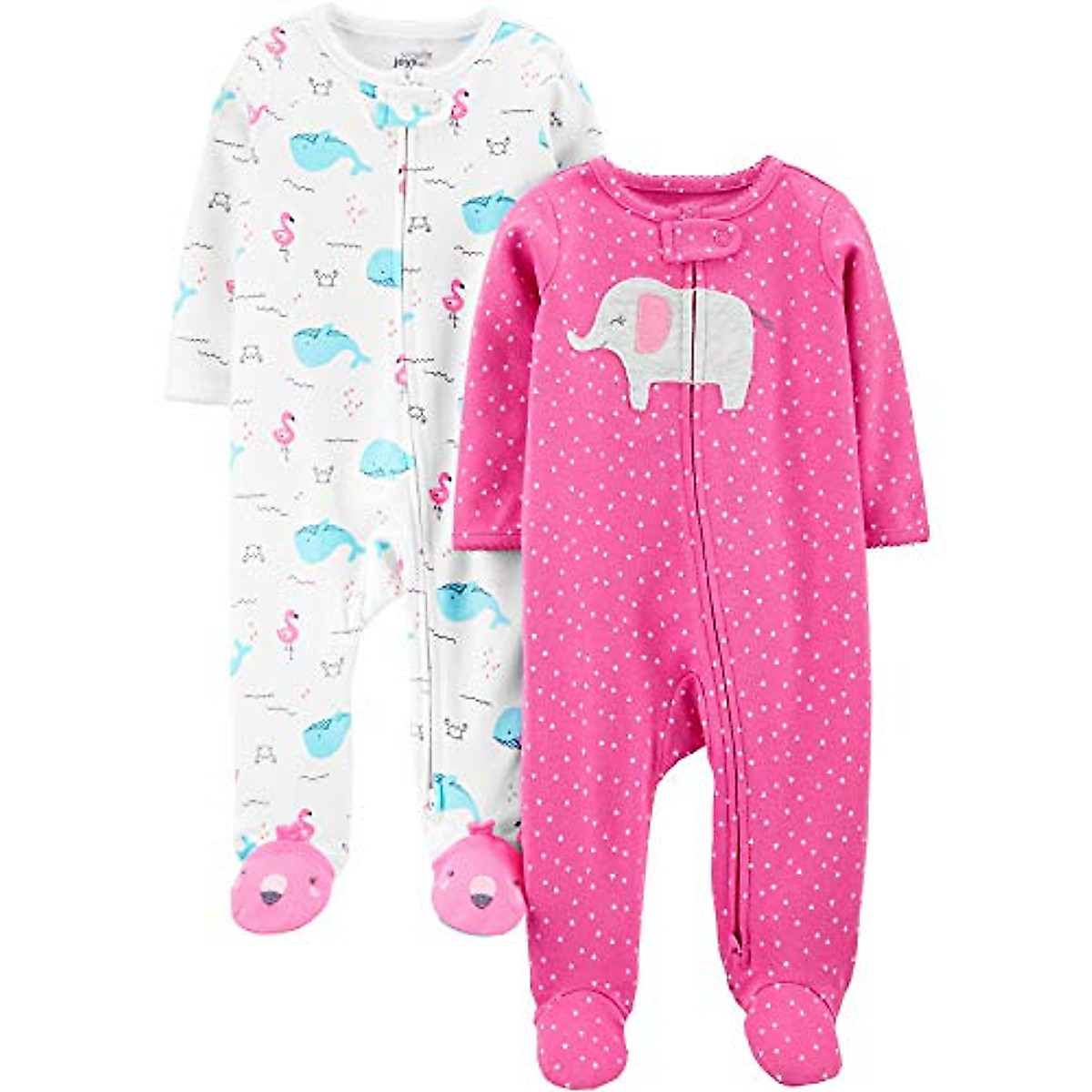 Simple Joys by Carter's Baby Girls' Cotton Sleep and Play, Pack of 2, Pink Elephant/White Sea Life, 3-6 Months