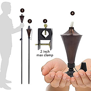 Dusq | 4-in-1 Citronella Mosquito Torch | All Metal Outdoor Torch | Great for Tiki Parties | Can be Used as Tabletop, Deck Rail Mount, or Pole Mount | Uses Any Torch Oil (4-Pack, Caramel)