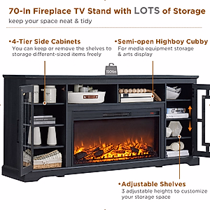 JXQTLINGMU Fireplace TV Stand with 36" Electric Fireplace for 80 Inch TV, Farmhouse 32" Tall Highboy Entertainment Center w/6 Shelves, Modern Media Console w/Storage for Living Room, Black