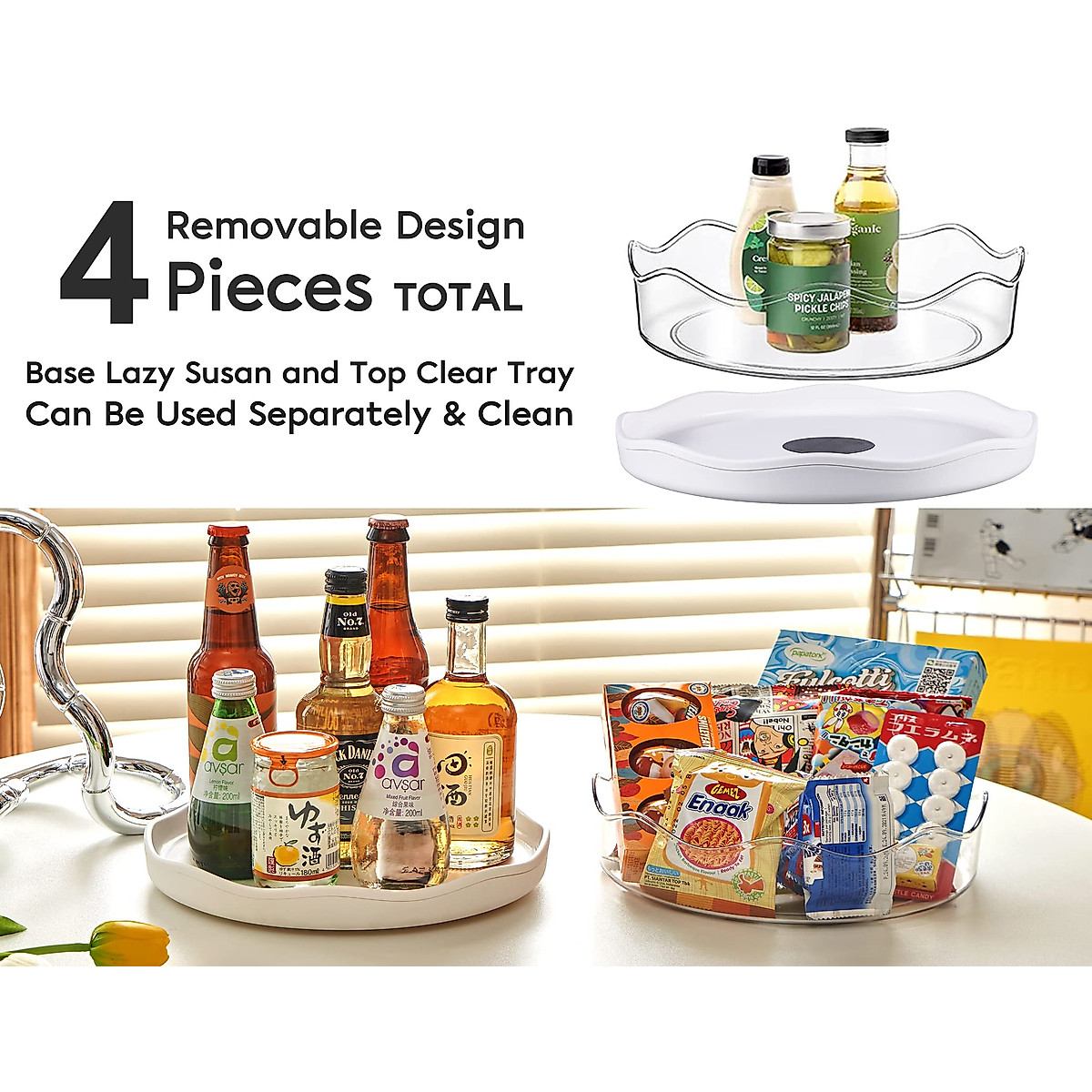 [2 Pack] Lazy Susan Organizer with Removable Bins, Non-Skid Rotating Spice Rack Organizer for Cabinet, Lazy Susan Turntable for Cabinet Fridge Kitchen Bathroom Makeup Organization, 9" & 11", White