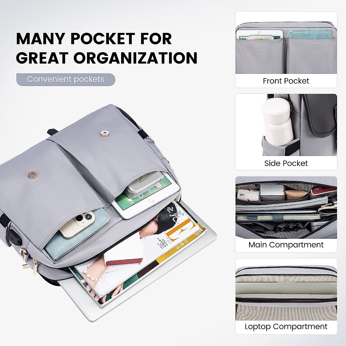 LOVEVOOK Laptop Bag for Women, 15.6 inch Large Capacity Computer Briefcase Sleeve Case, Messenger Shoulder Bag Office Business Work Purse Tote Bags for Women Travel Gifts, Black-grey