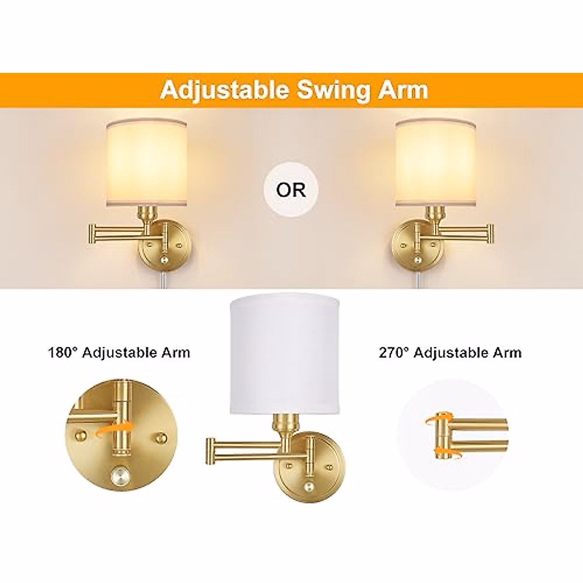 Plug in Wall Sconces with Remote Control, Dimming 10%-100% & Adjustable Colors 2700K-6500K, Hardwire or Plug-in, Swing Arm Wall Lamp with White Fabric Shade, Wall Sconces Set of Two, Gold Finish