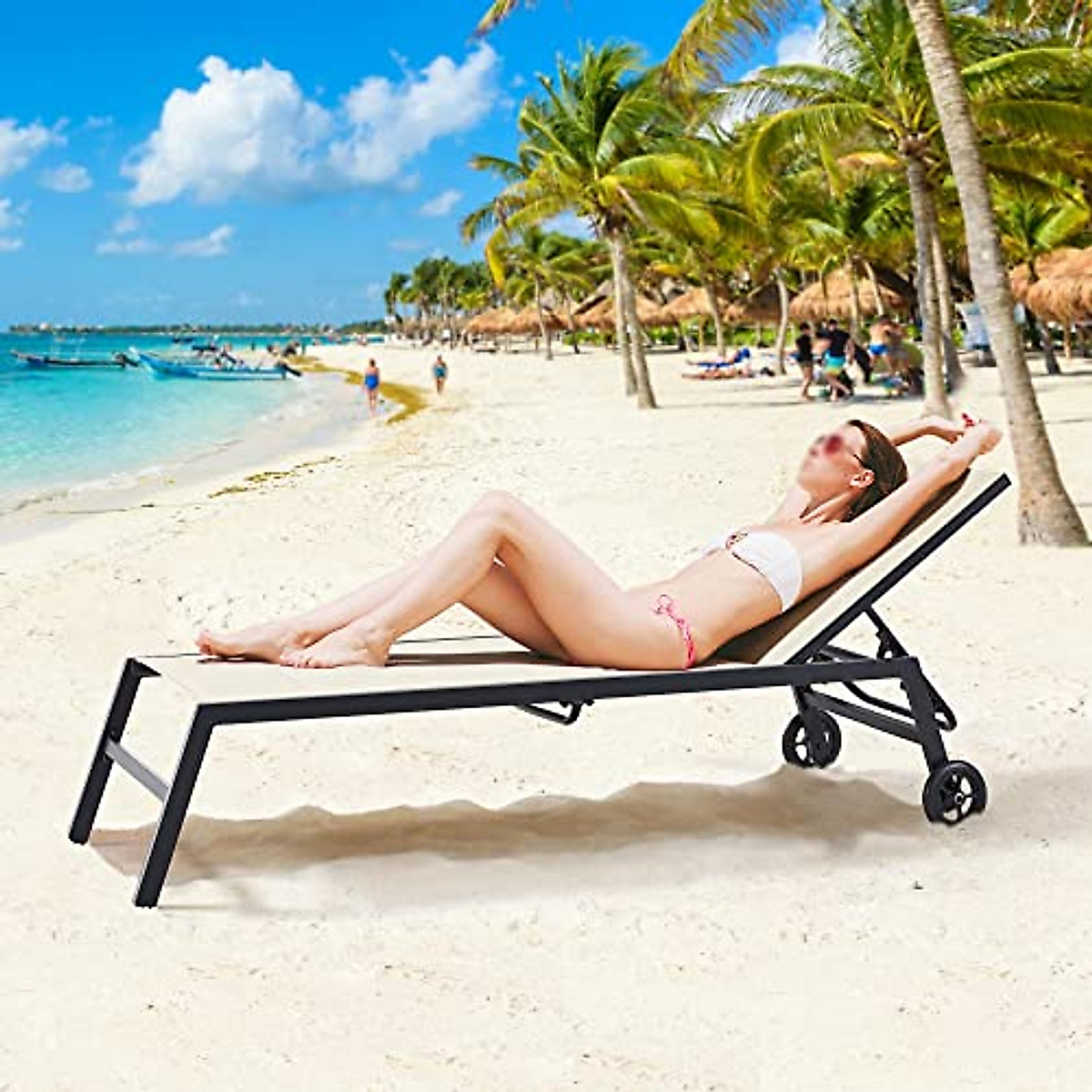 Yaheetech Patio Chaise Lounge, All Weather Outdoor Lounge with Wheels, Five-Position Adjustable Recliner for Patio Pool Beach Yard(1PC Beige)