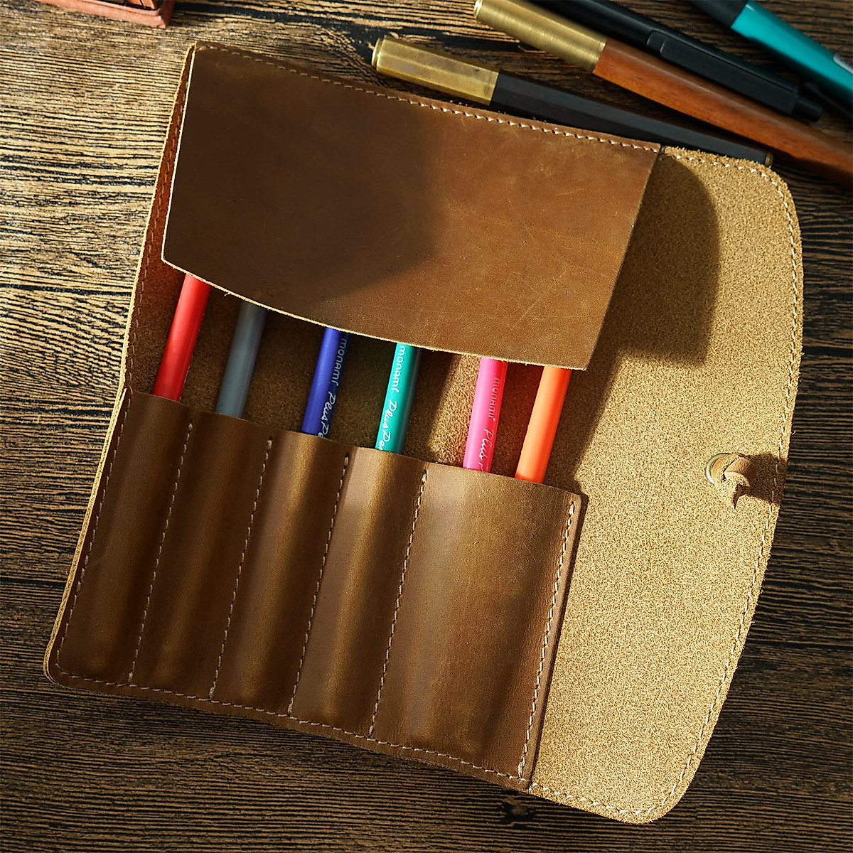 AIGUONIU Vintage Genuine Leather Pencil Roll - Pencil Storage Case/Pouch Organizer Handmade (Brown)