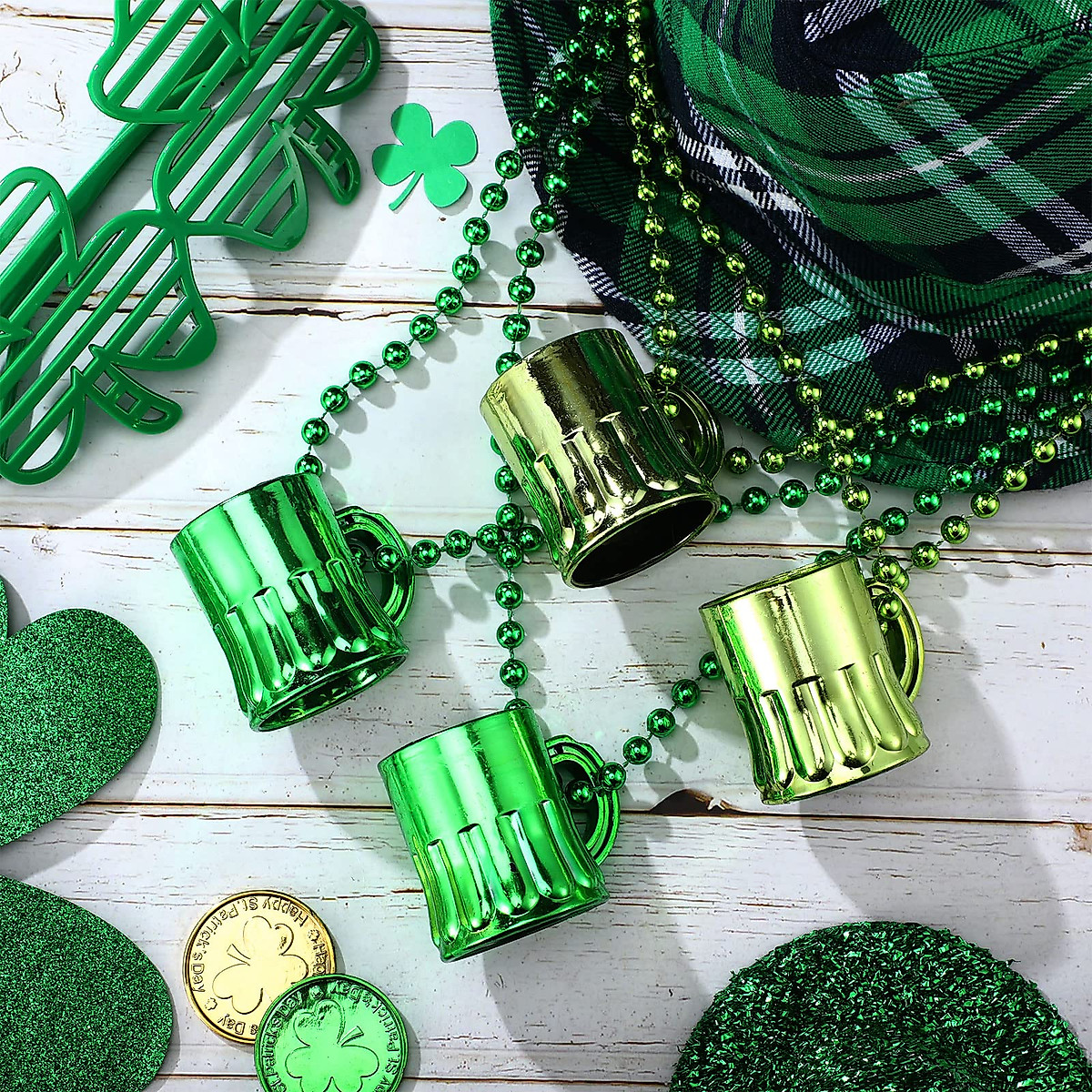 Kathfly 50 Pcs St Patrick's Day Beads Necklace with Shot Glasses Beer Mug St Patrick's Day Mini Beer Mugs Necklace Accessories for Irish Gifts Party Supplies Costume, Metallic Green, Light Green