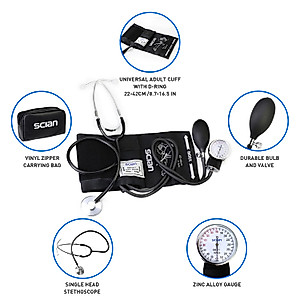 Scian Manual Blood Pressure Cuff with Stethoscope – Professional Aneroid Sphygmomanometer with Adult Cuff 8.7”-16.5”& D-Ring, Classic Bp kit with Carrying Bag (Black)