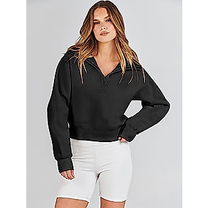 Prinbara Hoodie for Women Pullover Long Sleeve Sweatshirt Button down V Neck Teen Girls Fall Trendy Y2k Clothes Oversized Sweater 2023 1PA139-heise-M Black